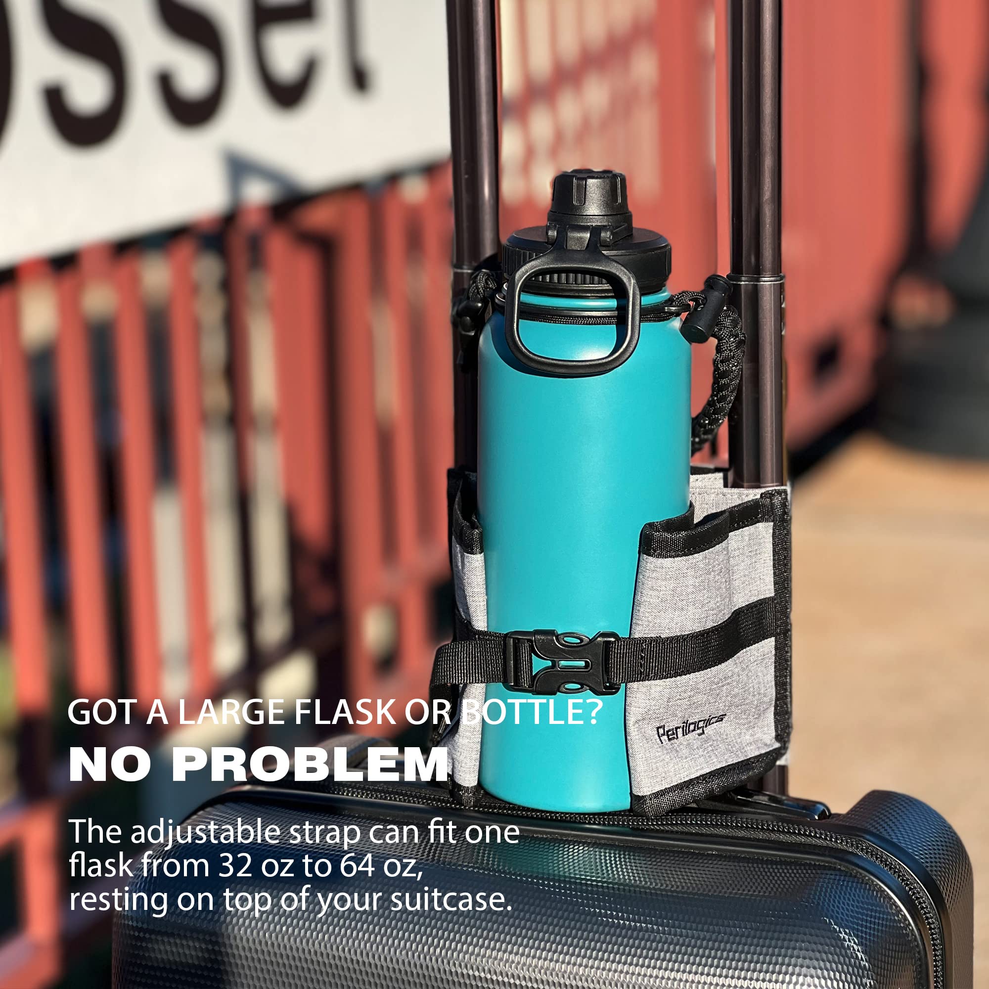 Perilogics Luggage Travel Cup Holder Attachment for Suitcase Drink, Coffee Mug, Bottle Caddy. Traveler Carry on Hands Free Accessory. Ideal for Frequent Travelers or Flight Attendants Gift.