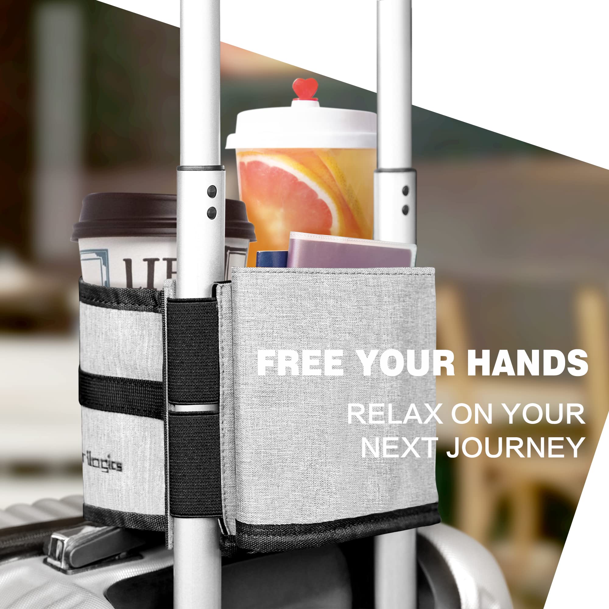 Perilogics Luggage Travel Cup Holder Attachment for Suitcase Drink, Coffee Mug, Bottle Caddy. Traveler Carry on Hands Free Accessory. Ideal for Frequent Travelers or Flight Attendants Gift.