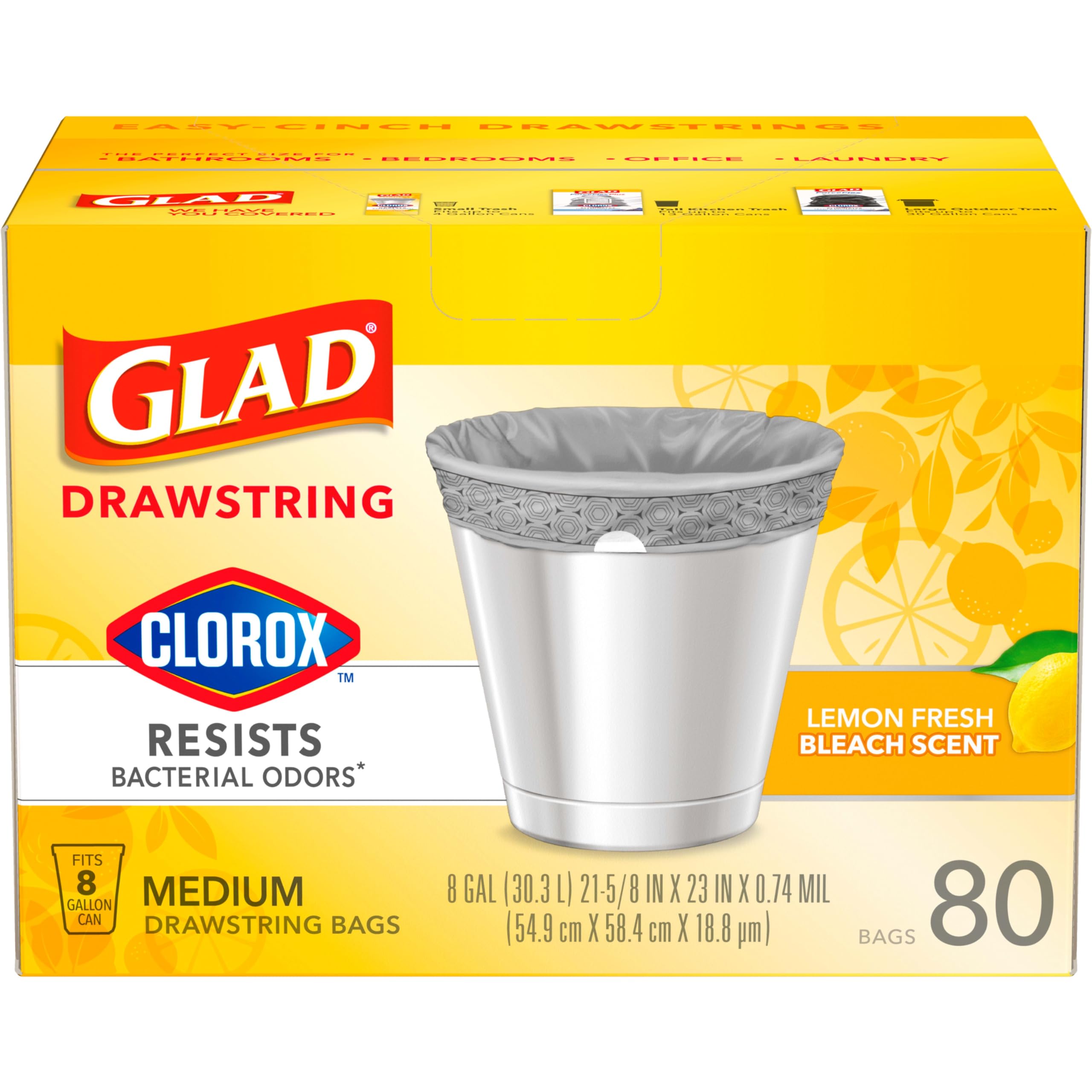 Glad Medium Drawstring Trash Bags with Clorox, 8 Gal, Lemon Fresh Bleach, 80 Ct (Package May Vary)