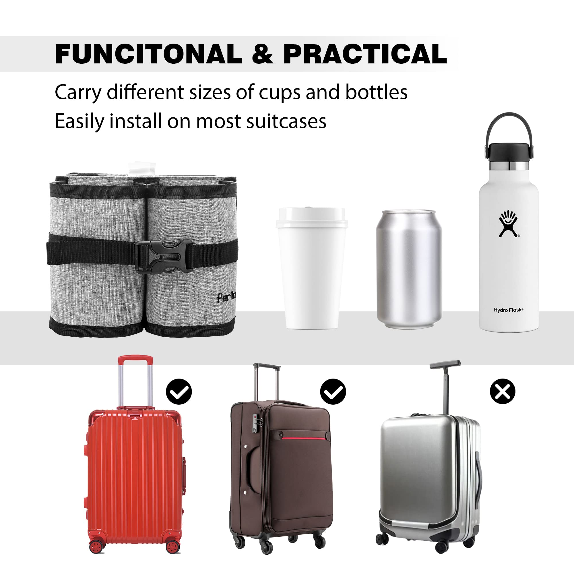 Perilogics Luggage Travel Cup Holder Attachment for Suitcase Drink, Coffee Mug, Bottle Caddy. Traveler Carry on Hands Free Accessory. Ideal for Frequent Travelers or Flight Attendants Gift.