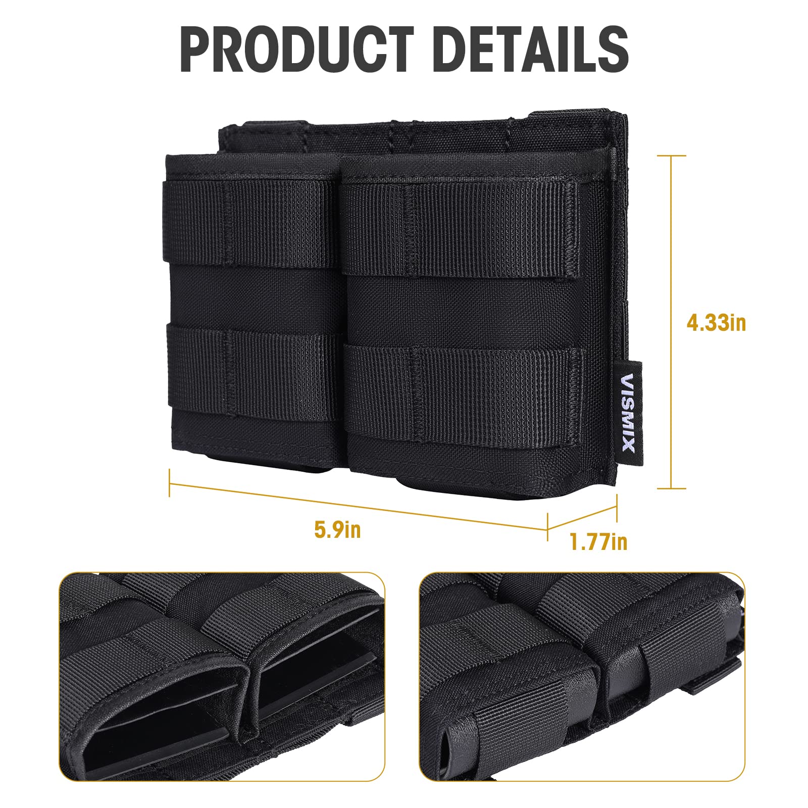 VISMIX Rifle Mag Pouch, Double 5.56mm AR MOLLE Magazine Pouch with Quick Release Kydex Insert and MOLLE Compatible Black