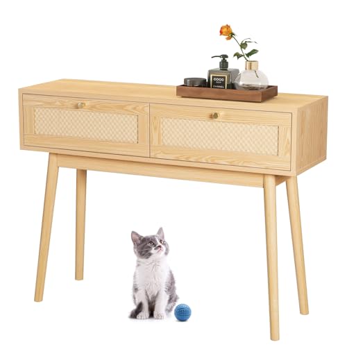 TYBOATLE Kraft Woven Rattan Console Table with 2 Drawers, Narrow Wood Entry Way Table, Modern & Boho Accent Sofa Bar Table for Entryway, Foyer, Front Hall, Hallway, Living Room (Natural Ash)