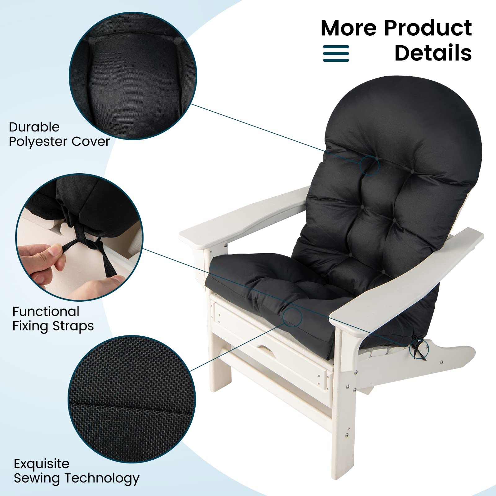 Giantex Patio Adirondack Chair Cushion - 49” x 23” High Back Rocking Chair Cushion w/Fixing Straps, Durable & Fade Resistant, 5” Thick Tufted Seat Pad for Indoor & Outdoor Chairs (Black, 1)