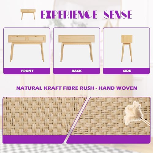 TYBOATLE Kraft Woven Rattan Console Table with 2 Drawers, Narrow Wood Entry Way Table, Modern & Boho Accent Sofa Bar Table for Entryway, Foyer, Front Hall, Hallway, Living Room (Natural Ash)