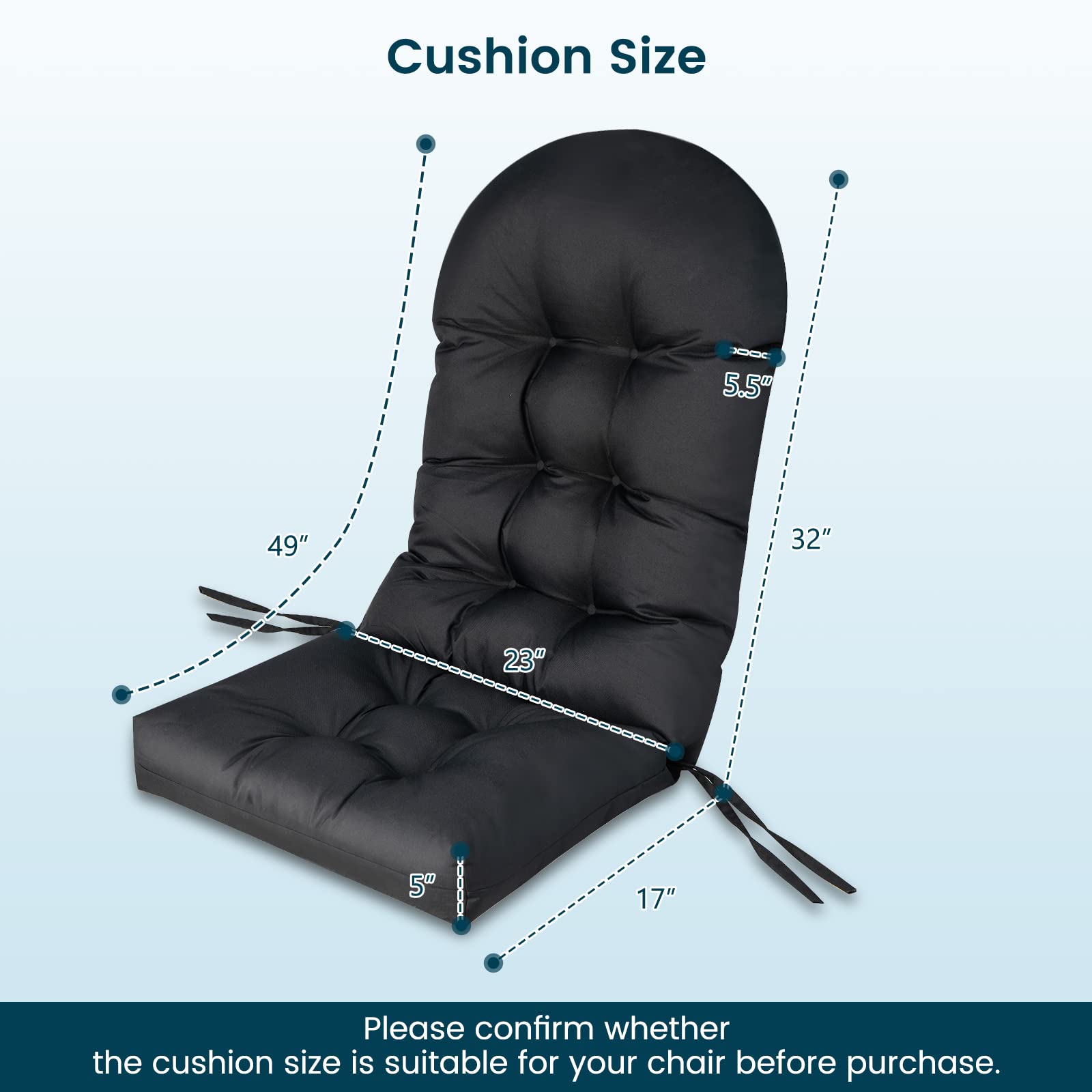 Giantex Patio Adirondack Chair Cushion - 49” x 23” High Back Rocking Chair Cushion w/Fixing Straps, Durable & Fade Resistant, 5” Thick Tufted Seat Pad for Indoor & Outdoor Chairs (Black, 1)
