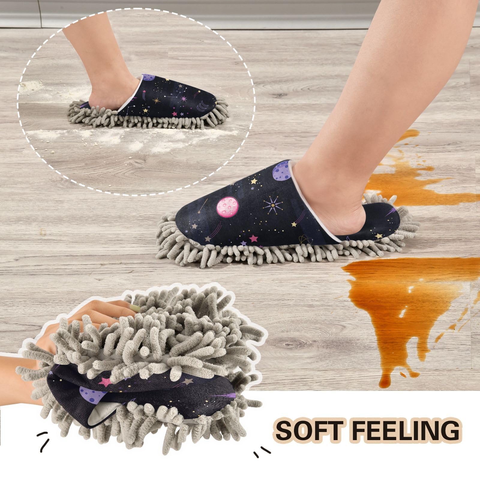 FLildon Microfiber Cleaning Slippers Space Galaxy Washable Mop Shoes Slipper for Men/Women House Floor Dust Cleaner, Size L