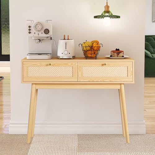TYBOATLE Kraft Woven Rattan Console Table with 2 Drawers, Narrow Wood Entry Way Table, Modern & Boho Accent Sofa Bar Table for Entryway, Foyer, Front Hall, Hallway, Living Room (Natural Ash)