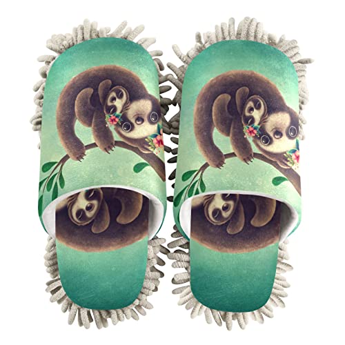 Sloth Mom Baby Mop Slippers Shoes Cover for Floor Cleaning Washable Dust Dirty Hair Cleaners Microfiber Mop Socks for House Office Kitchen