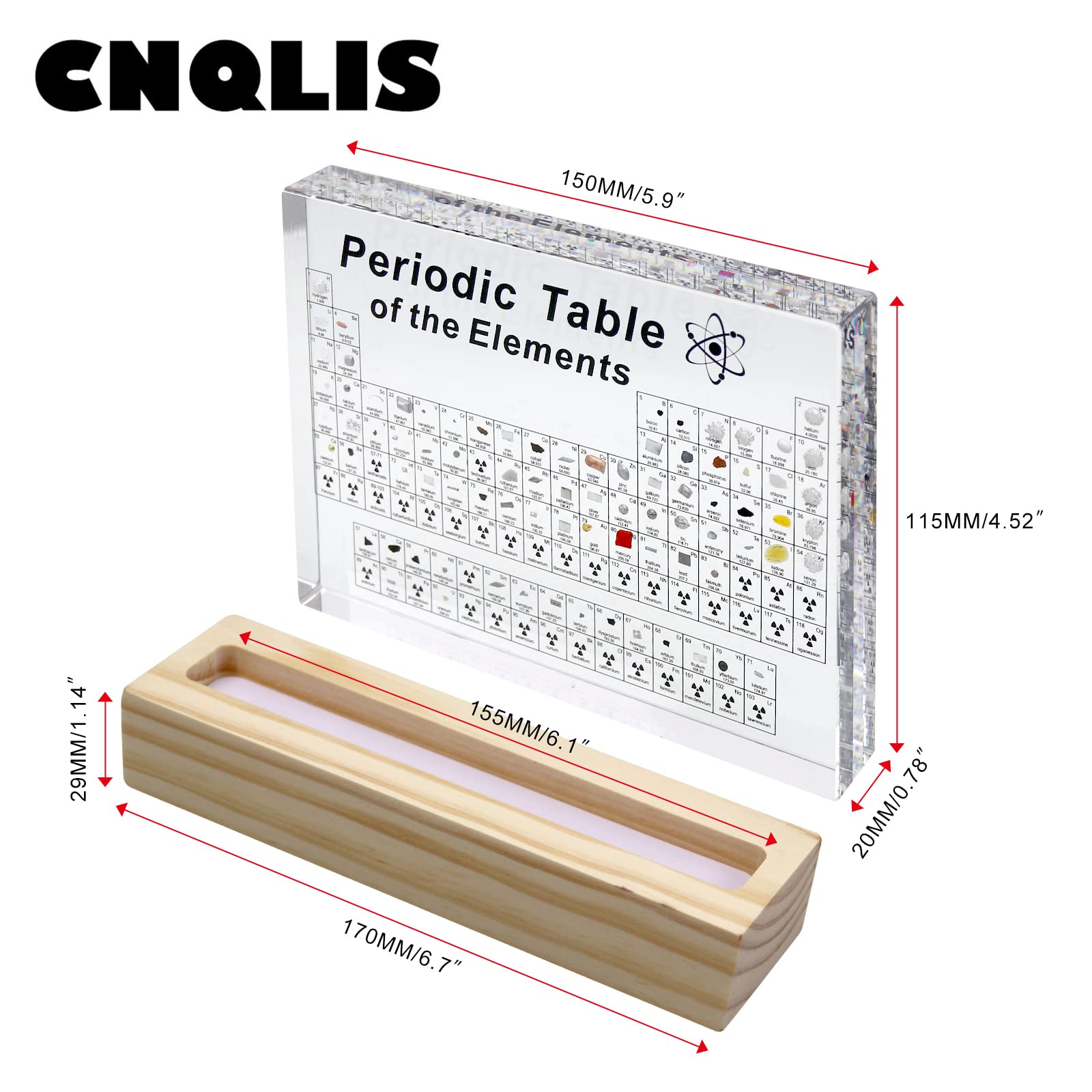 CNQLIS Periodic Table with Real Elements-Inside,Acrylic Periodic Table,3D Periodic Table of Elements,Gift for Teacher Parents Friend Students,Wooden Base(6 * 4.5 * 0.8 inch)