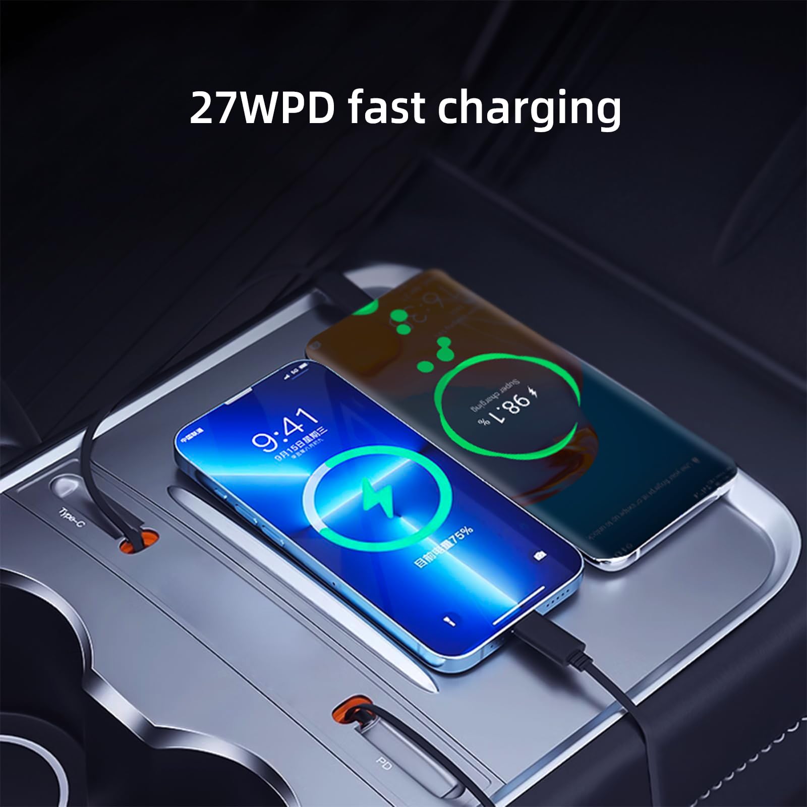 ROADRESS Tesla USB Hub for Model 3 Model Y 2021 2022 2023 Center Consoles with Dual Retractable Charging Cable, Lightning Cable Fast Charging Up to 27W