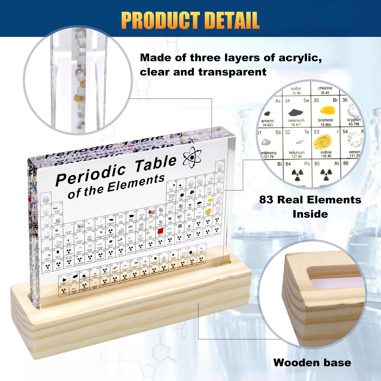 CNQLIS Periodic Table with Real Elements-Inside,Acrylic Periodic Table,3D Periodic Table of Elements,Gift for Teacher Parents Friend Students,Wooden Base(6 * 4.5 * 0.8 inch)