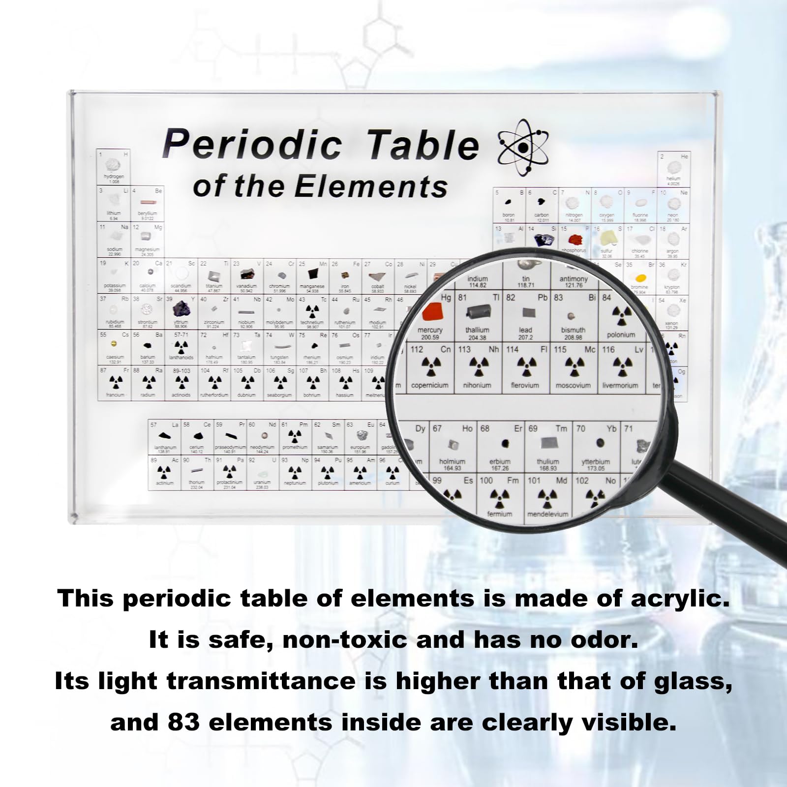 CNQLIS Periodic Table with Real Elements-Inside,Acrylic Periodic Table,3D Periodic Table of Elements,Gift for Teacher Parents Friend Students,Wooden Base(6 * 4.5 * 0.8 inch)