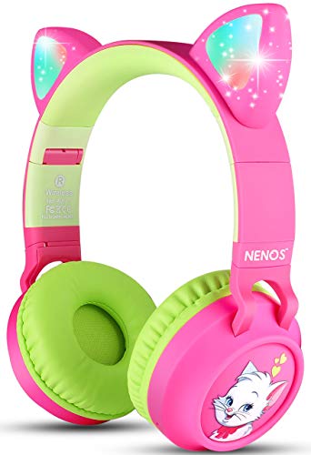 Kids Bluetooth Headphones Over Ear with Microphone for School, Wireless Headphones Bluetooth for Boys Girls Cat Ear Limited Volume 93dB, for iPad, Cellphone, Tablet, PC (Pink)