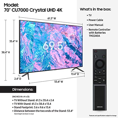 SAMSUNG 70-Inch Class Crystal UHD CU7000 Series PurColor, Object Tracking Sound Lite, Q-Symphony, 4K Upscaling, HDR, Gaming Hub, Smart TV with Alexa Built-in (UN70CU7000, 2023 Model)