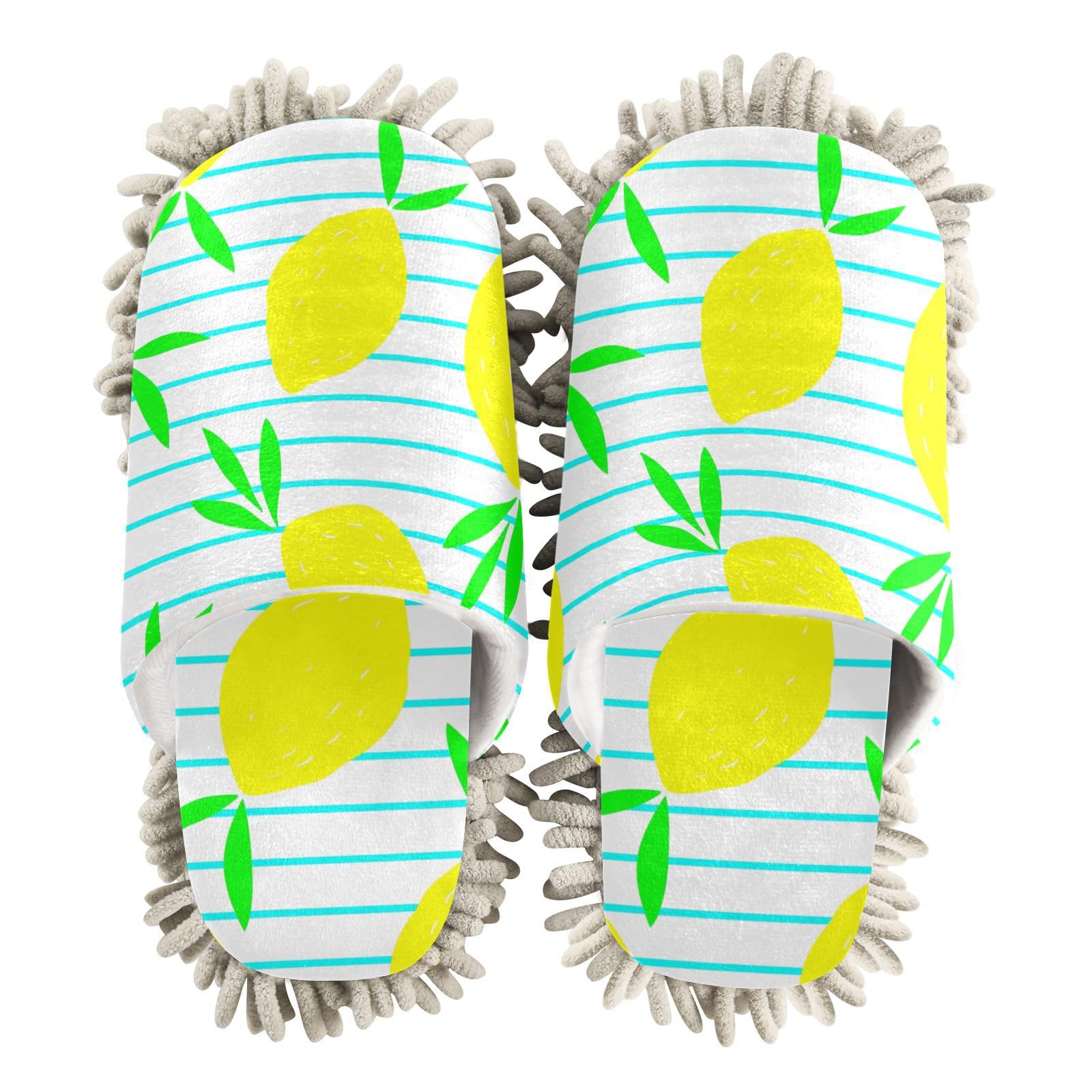 FLildon Microfiber Cleaning Slippers Lemon Stripe Washable Mop Shoes Slipper for Men/Women House Floor Dust Cleaner, Size L