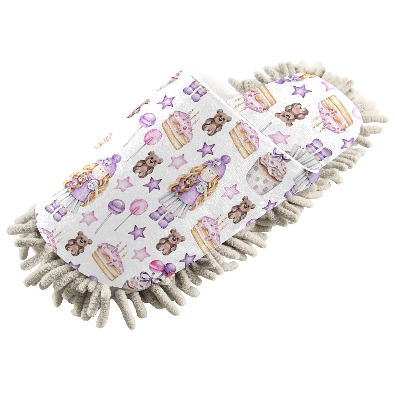 FLildon Microfiber Cleaning Slippers Doll Cake Bear Washable Mop Shoes Slipper for Men/Women House Floor Dust Cleaner, Size L