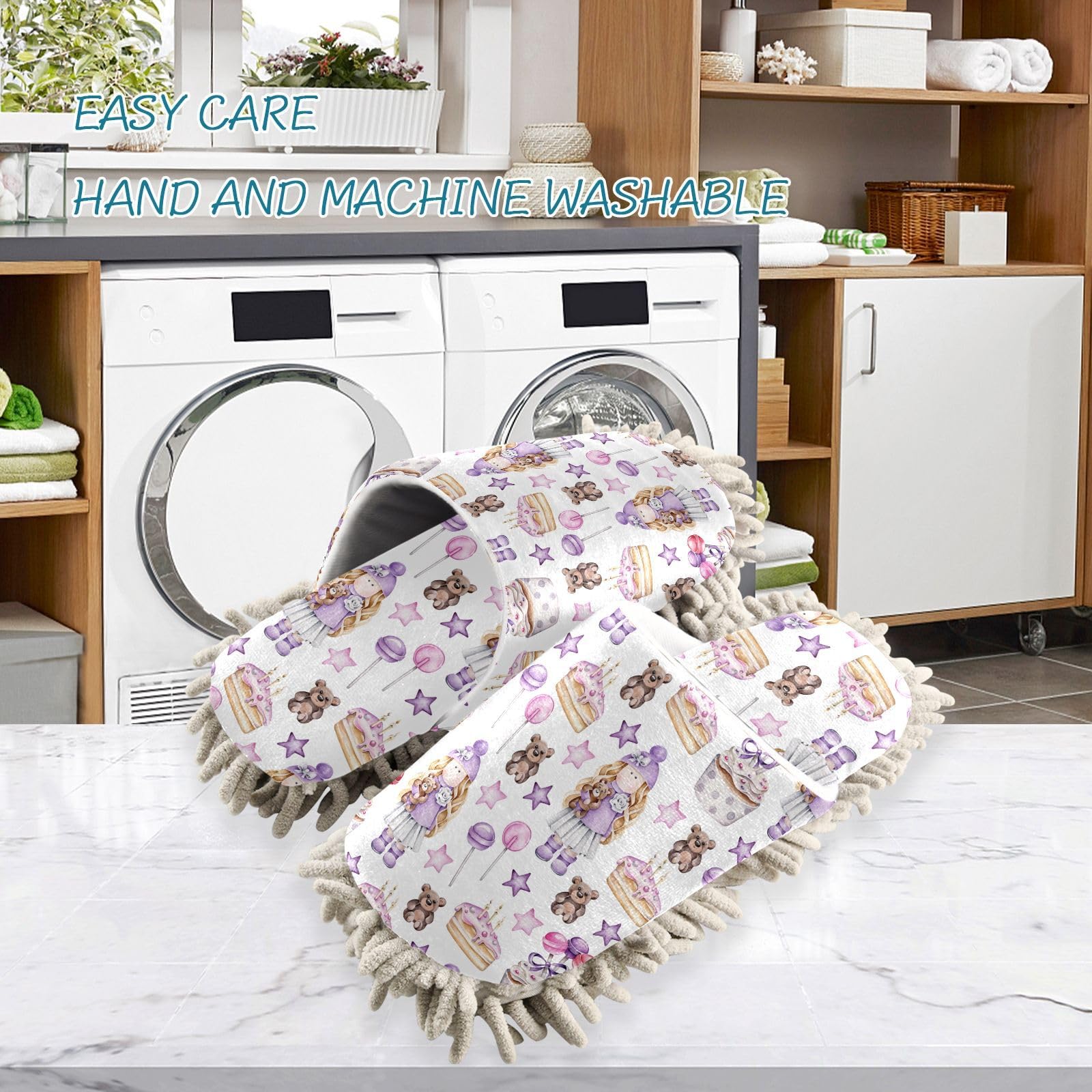 FLildon Microfiber Cleaning Slippers Doll Cake Bear Washable Mop Shoes Slipper for Men/Women House Floor Dust Cleaner, Size L