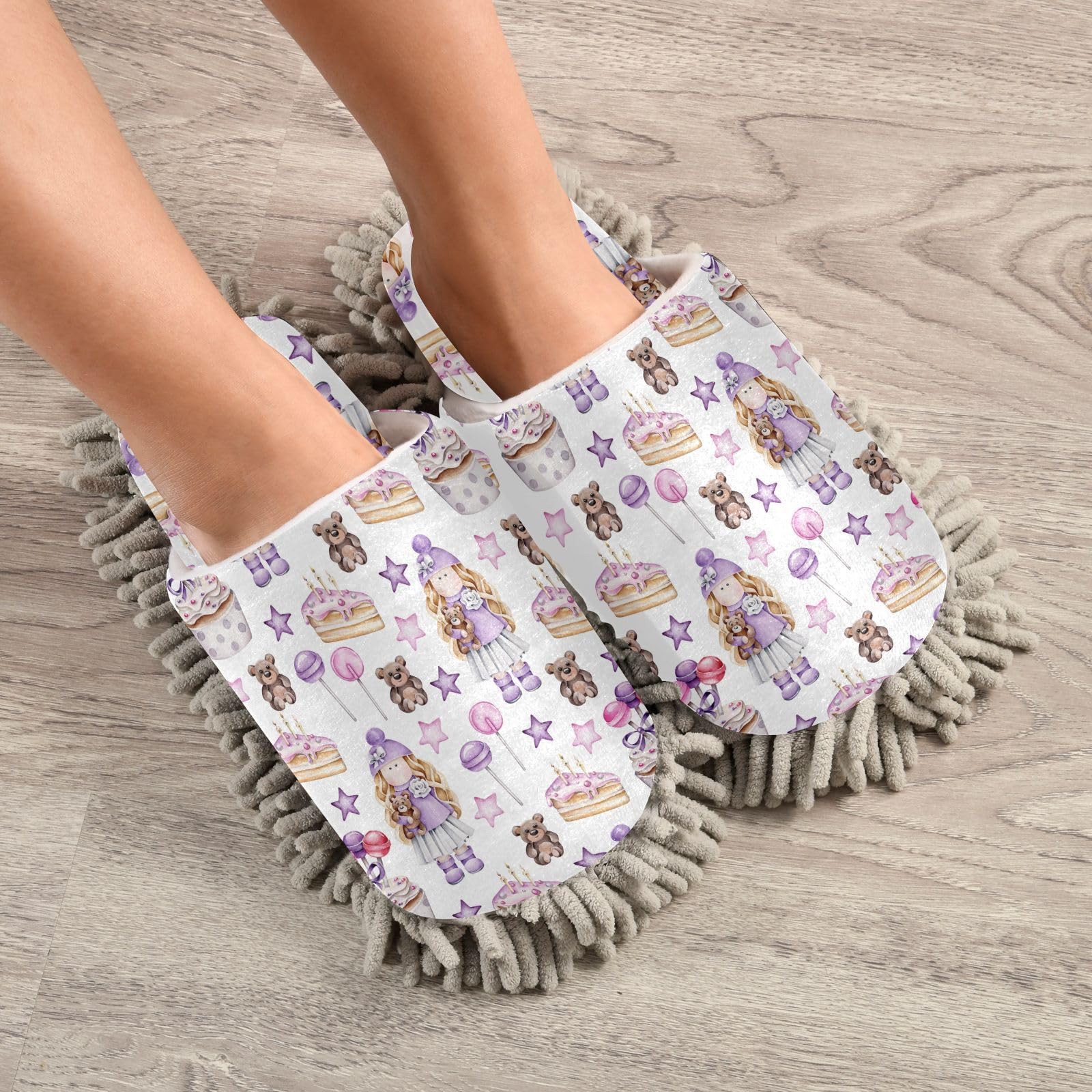 FLildon Microfiber Cleaning Slippers Doll Cake Bear Washable Mop Shoes Slipper for Men/Women House Floor Dust Cleaner, Size L