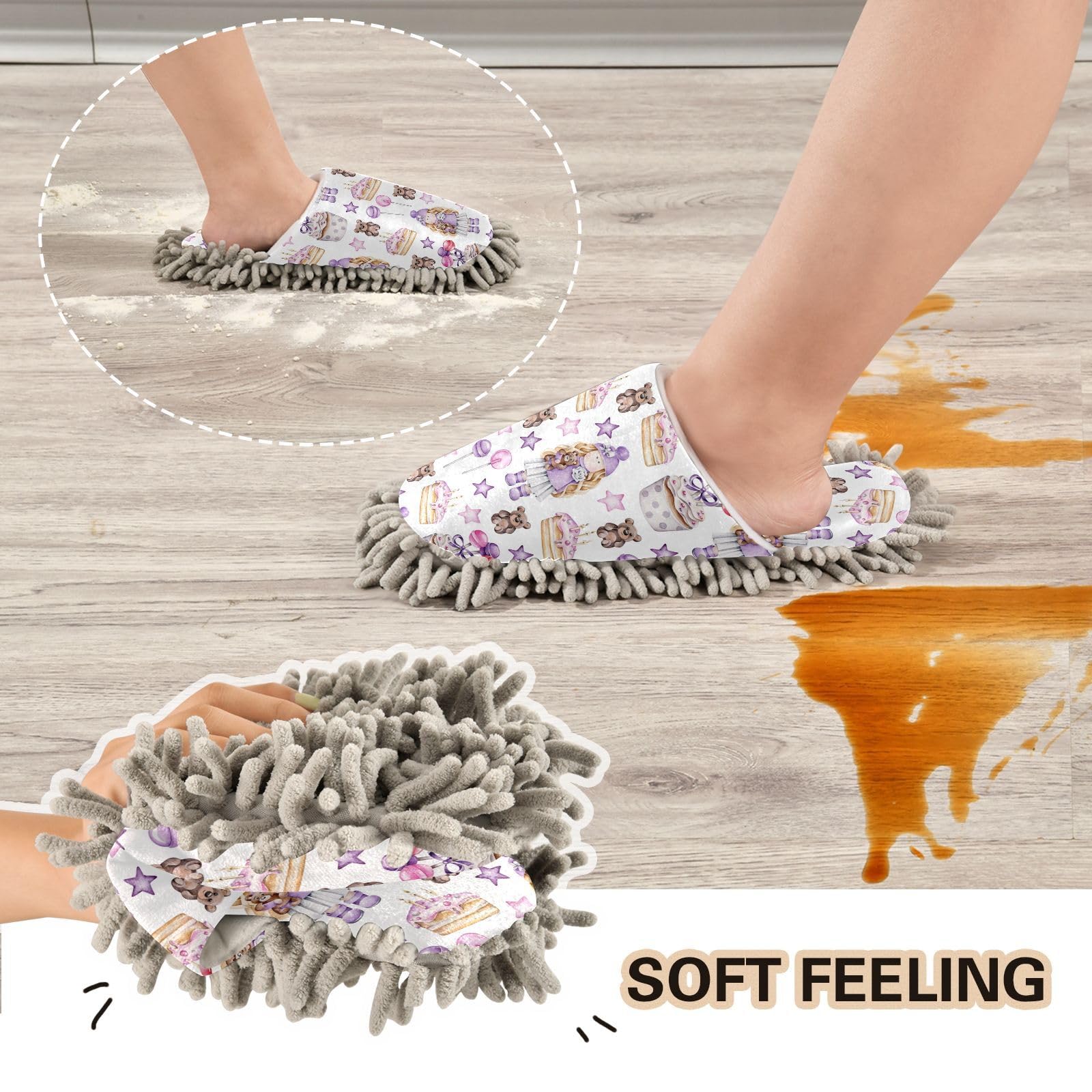 FLildon Microfiber Cleaning Slippers Doll Cake Bear Washable Mop Shoes Slipper for Men/Women House Floor Dust Cleaner, Size L
