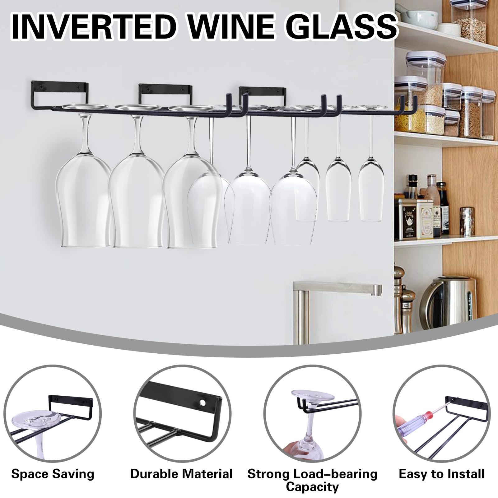 Set of 4 Stemware Wine Glass Hanging Rack, Metal Wine Glass Holder Under Cabinet Organization and Storage for Kitchen Bar Decor