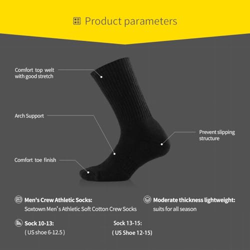 SOX TOWN Unisex Cushioned Crew Training Athletic Socks Men & Women with Combed Cotton Moisture Wicking Breathable Performance(Black L 3P)
