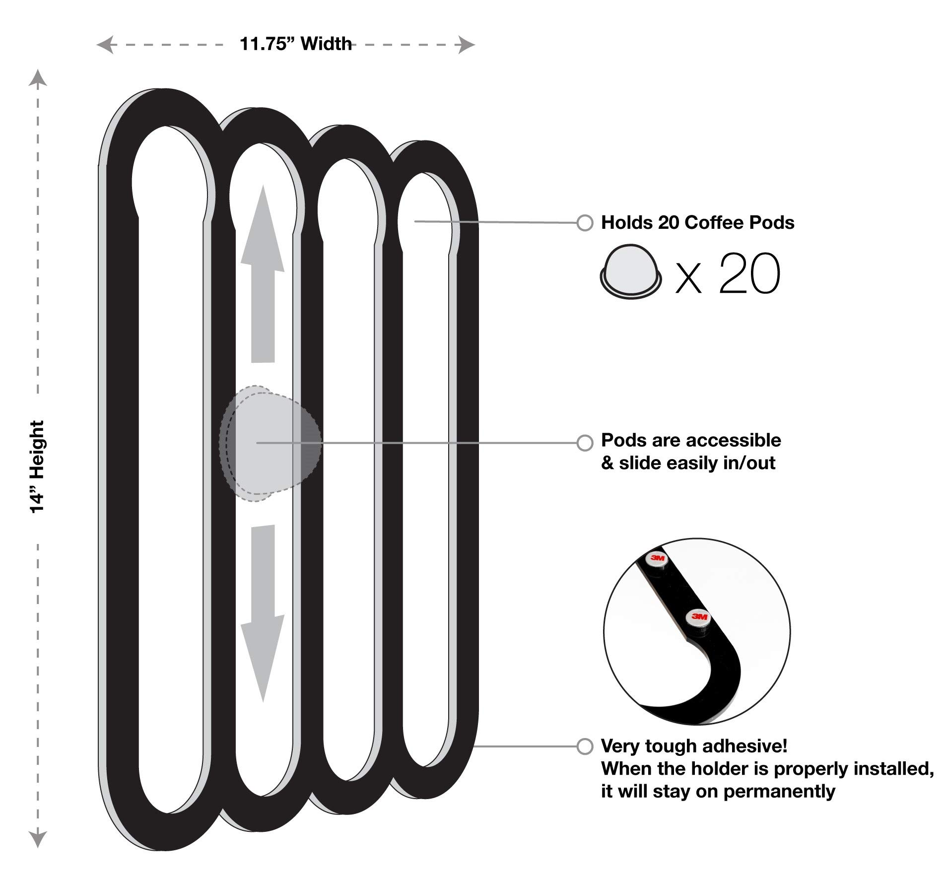 Demi's Home Adhesive Coffee Pod Holder for Nespresso Vertuo Capsules (Measure Before Purchase) - Suitable to be Mounted Inside/Under the Cabinet or on the Wall (Black)