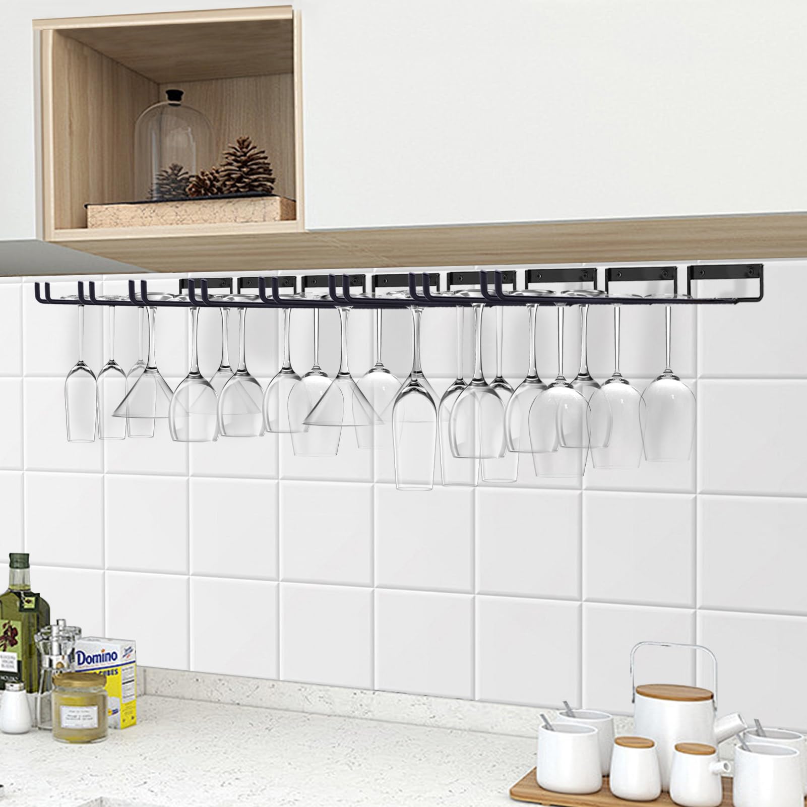 Set of 4 Stemware Wine Glass Hanging Rack, Metal Wine Glass Holder Under Cabinet Organization and Storage for Kitchen Bar Decor