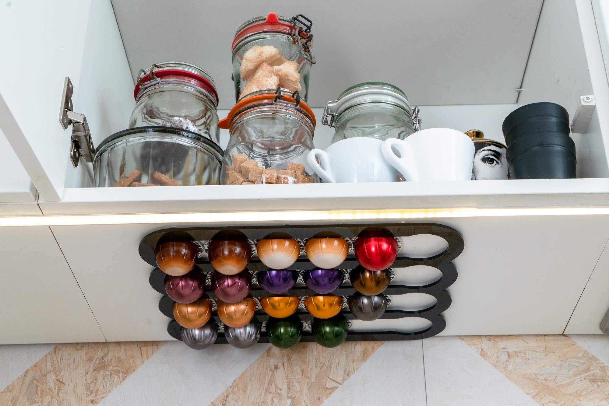 Demi's Home Adhesive Coffee Pod Holder for Nespresso Vertuo Capsules (Measure Before Purchase) - Suitable to be Mounted Inside/Under the Cabinet or on the Wall (Black)