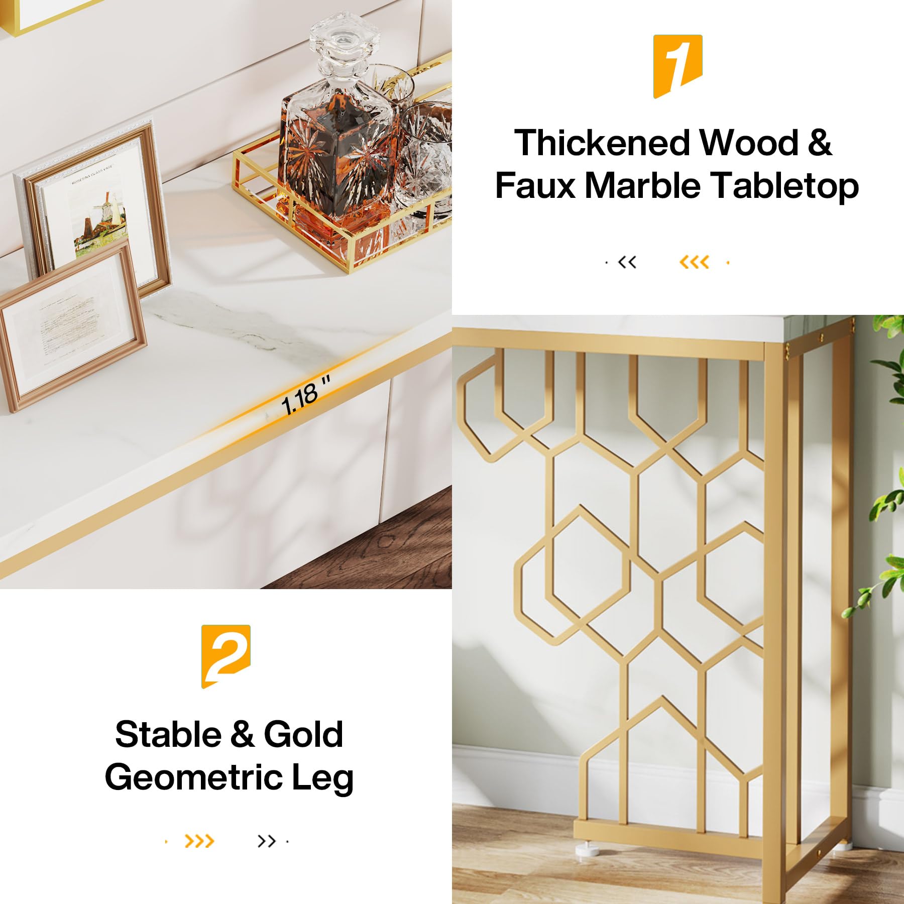 Tribesigns Modern Console Table, 70.87" Long Entryway Table for Living Room, Hallway, Entrance, Front Door, Foyer Sofa Table with Geometric Gold Frame & Faux Marble White Tabletop