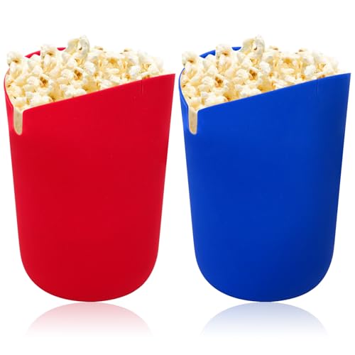 Silicone Microwave Popcorn Popper Maker Reusable Popcorn Buckets Popcorn Bowls Set Single Serve Portion For Family Kids Dishwasher Safe Red/Blue