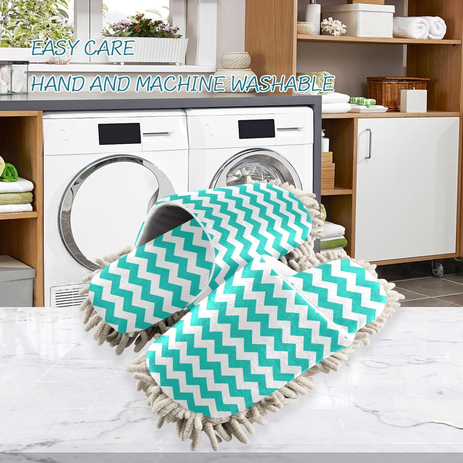 FLildon Microfiber Cleaning Slippers Turquoise Zigzag Washable Mop Shoes Slipper for Men/Women House Floor Dust Cleaner, Size L