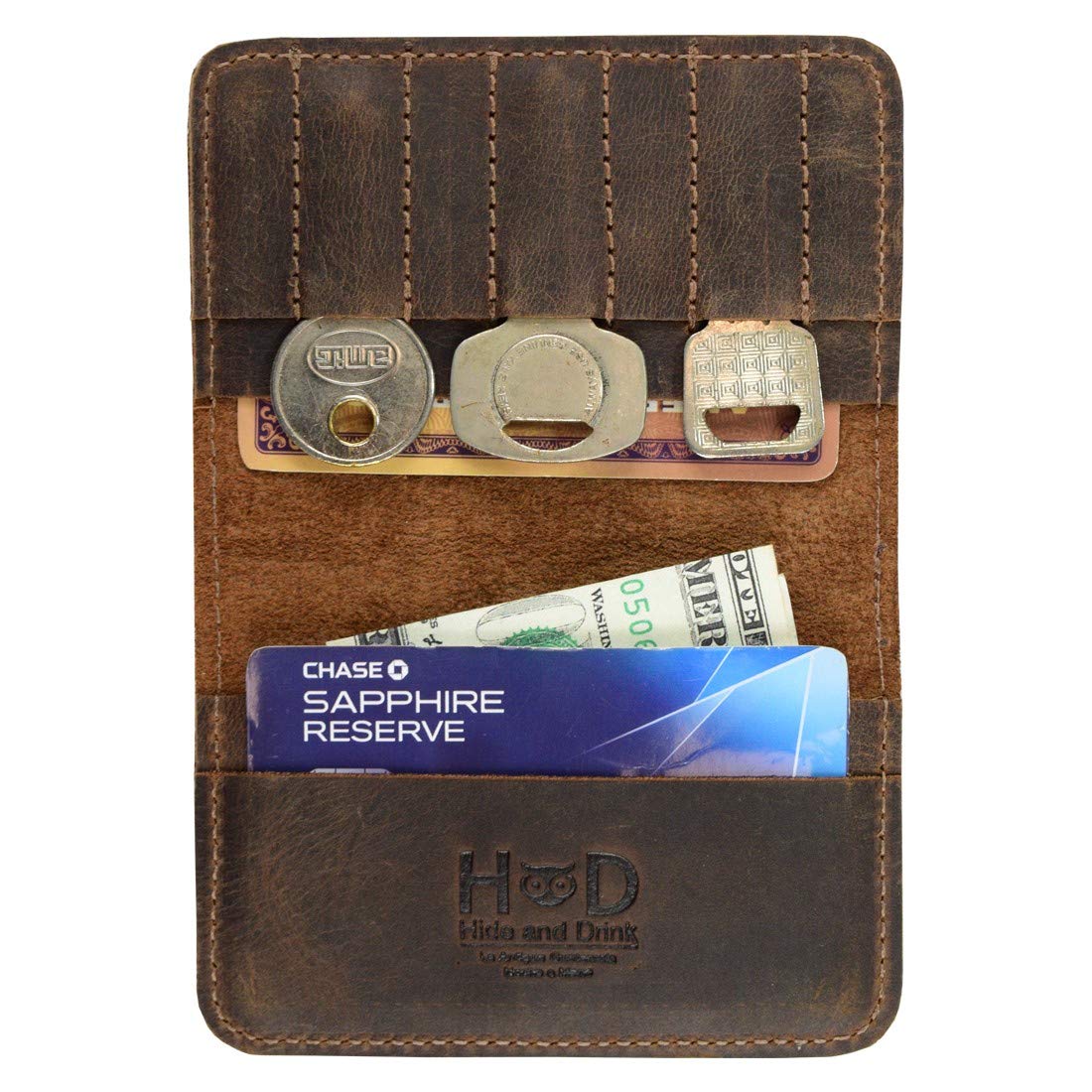 Hide & Drink, Leather Card & Key Holder, Cash Organizer, Front Pocket Wallet, Everyday Accessories, Handmade Includes 101 Year Warranty :: Bourbon Brown