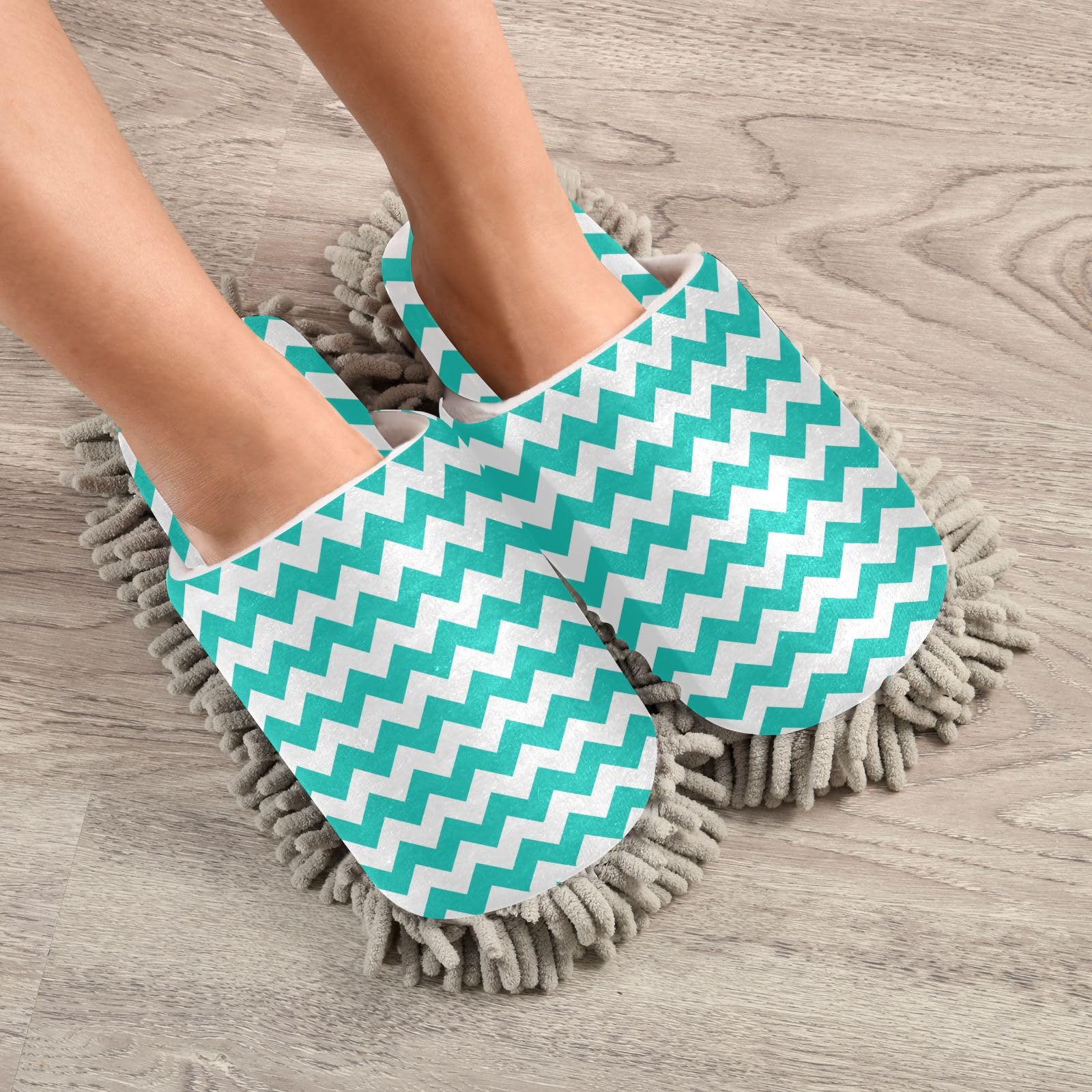 FLildon Microfiber Cleaning Slippers Turquoise Zigzag Washable Mop Shoes Slipper for Men/Women House Floor Dust Cleaner, Size L