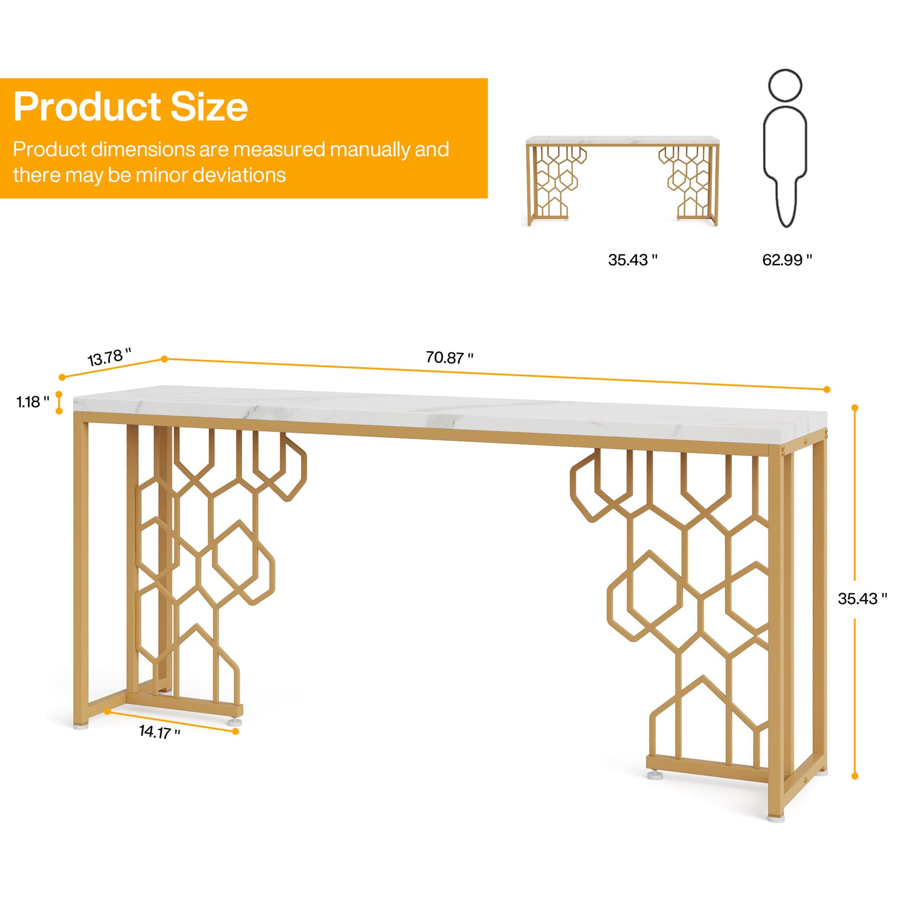 Tribesigns Modern Console Table, 70.87" Long Entryway Table for Living Room, Hallway, Entrance, Front Door, Foyer Sofa Table with Geometric Gold Frame & Faux Marble White Tabletop
