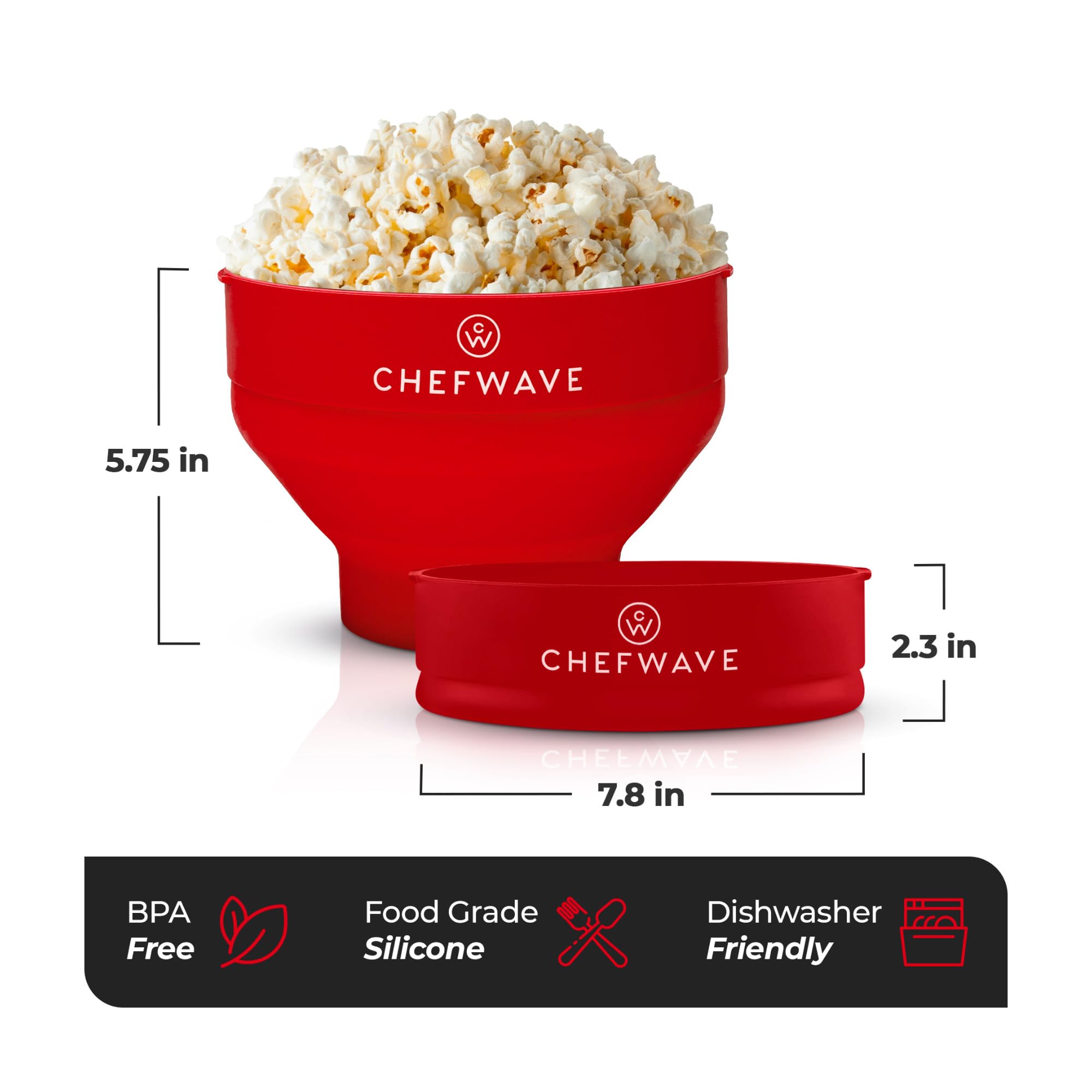 Chefwave Silicone Popcorn Popper (Red) - Reusable, Collapsible Microwave Popcorn Bowl - Dishwasher Safe