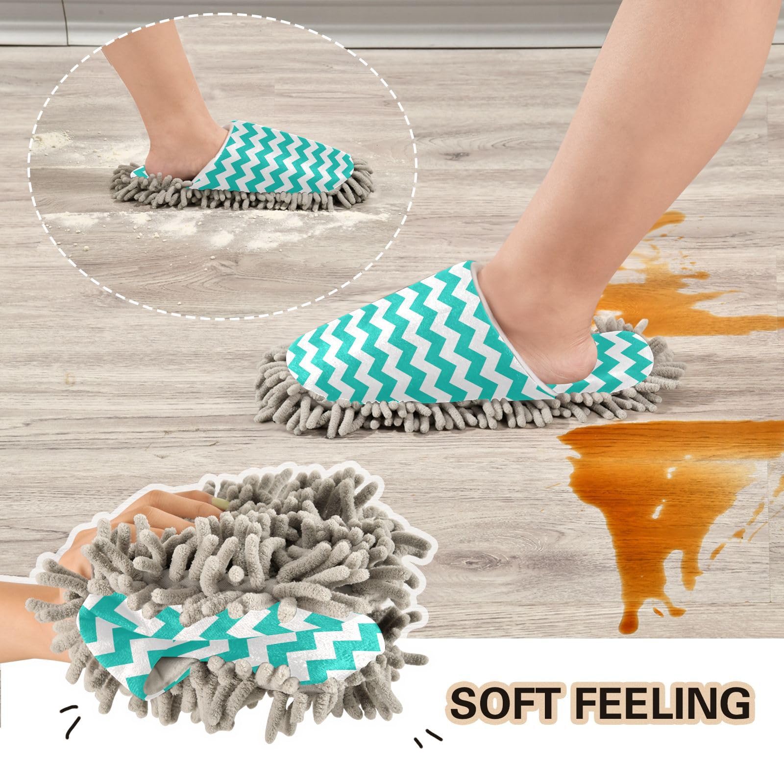 FLildon Microfiber Cleaning Slippers Turquoise Zigzag Washable Mop Shoes Slipper for Men/Women House Floor Dust Cleaner, Size L