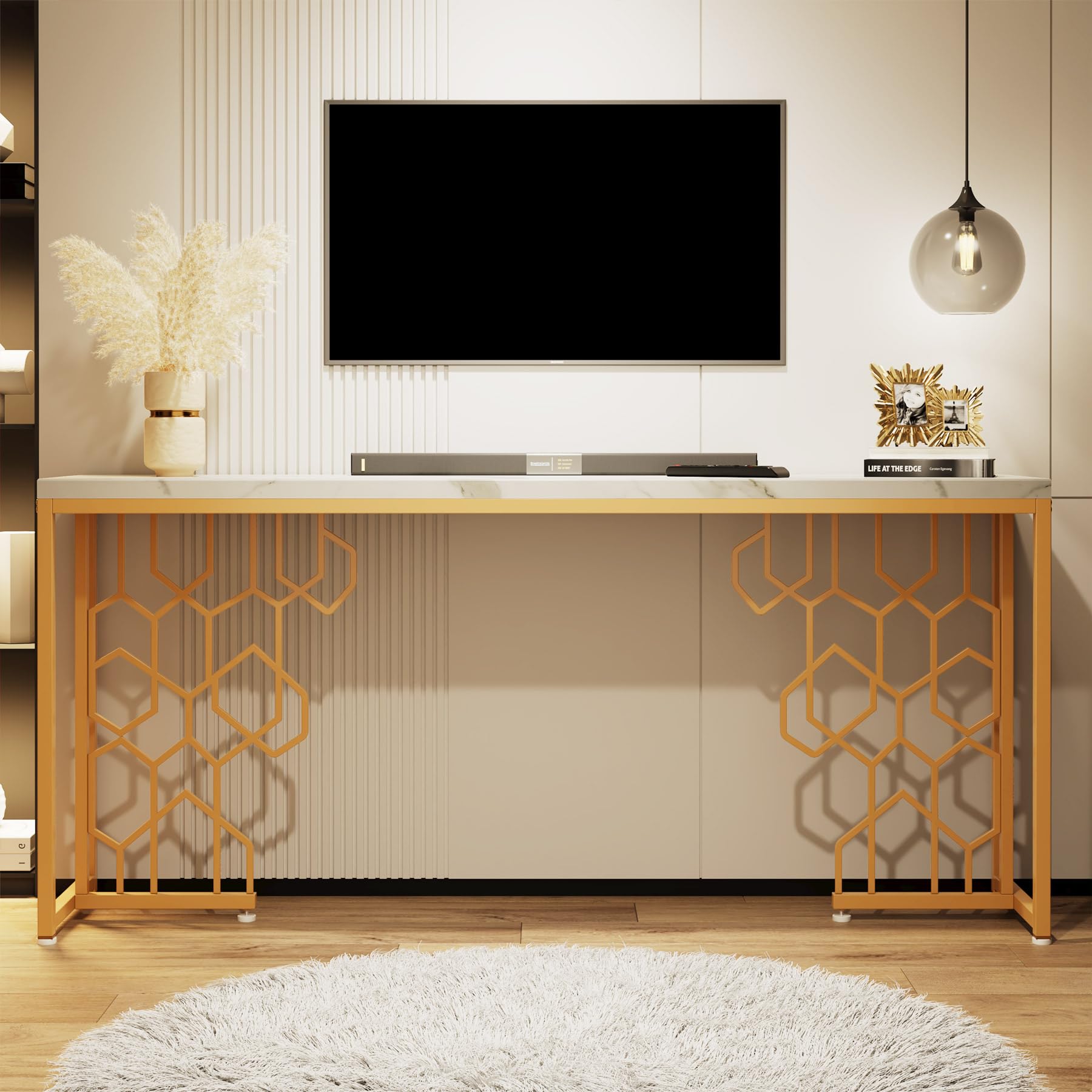 Tribesigns Modern Console Table, 70.87" Long Entryway Table for Living Room, Hallway, Entrance, Front Door, Foyer Sofa Table with Geometric Gold Frame & Faux Marble White Tabletop