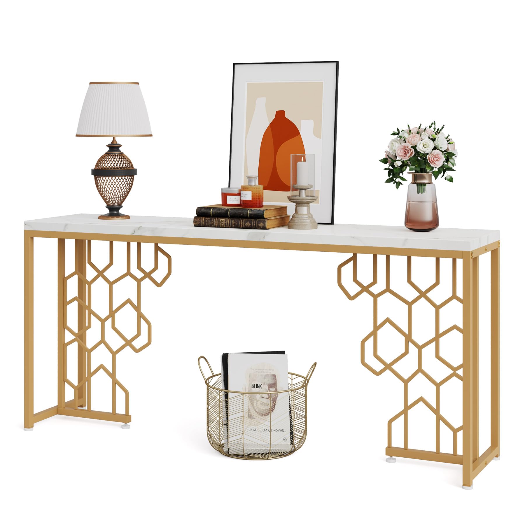Tribesigns Modern Console Table, 70.87" Long Entryway Table for Living Room, Hallway, Entrance, Front Door, Foyer Sofa Table with Geometric Gold Frame & Faux Marble White Tabletop