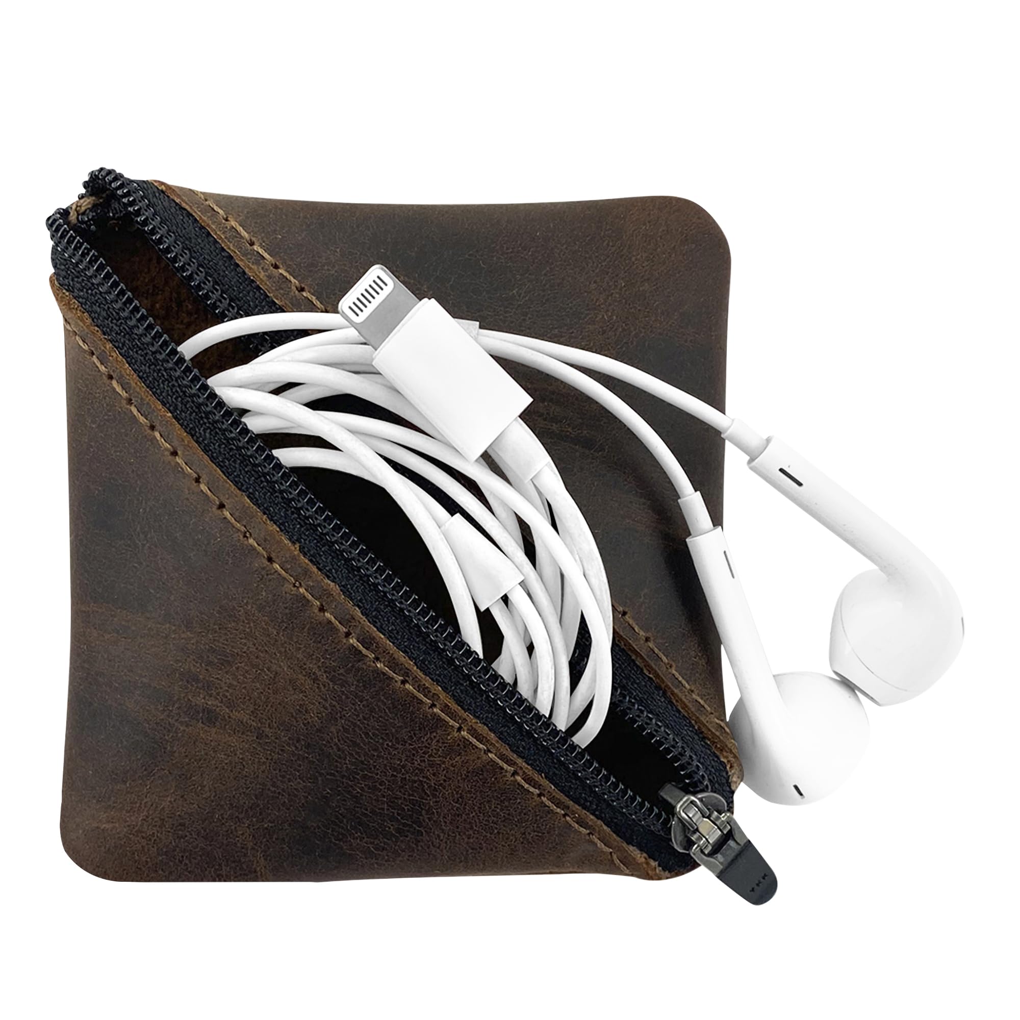 Hide & Drink, Slash Zippered Pouch, Change Holder and Storage for Pocket and Purse Organization with Zipper, Full Grain Leather, Handmade, Bourbon Brown