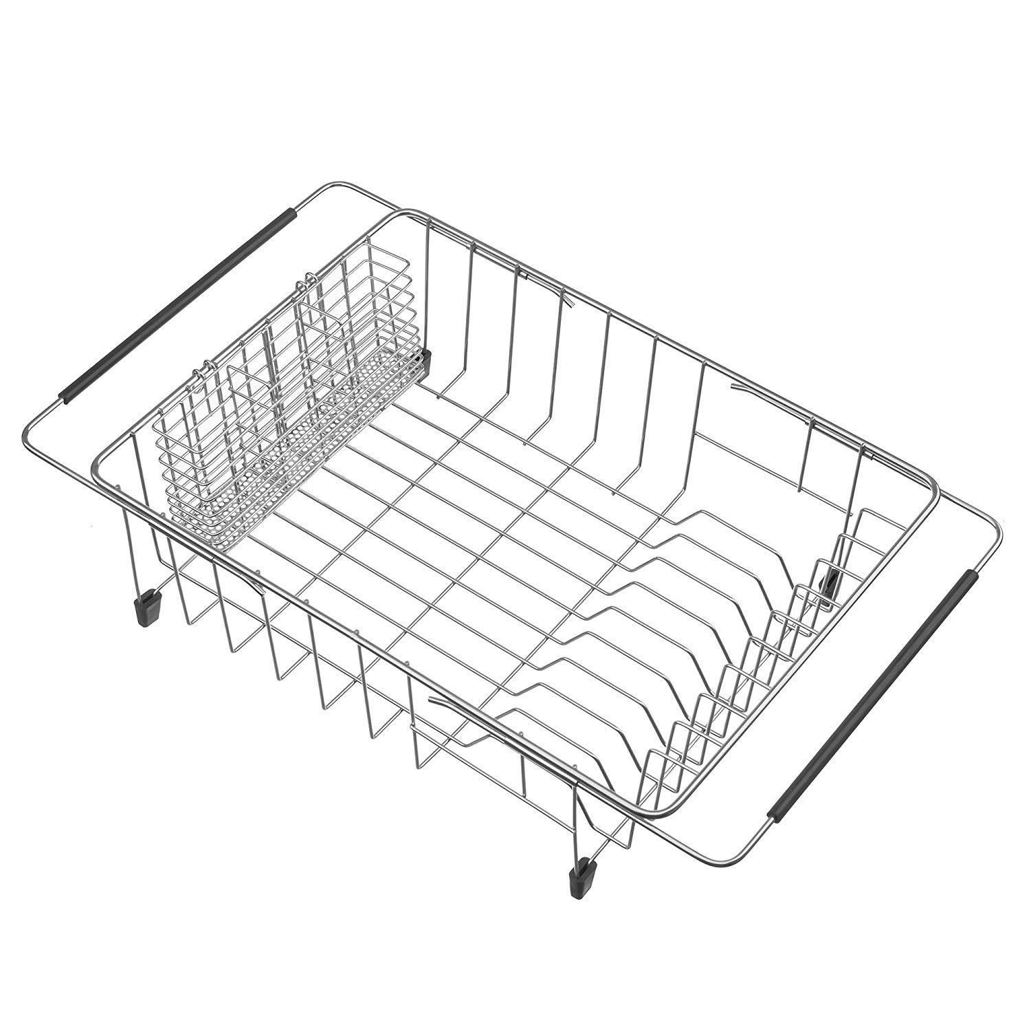 SANNO Dish Drying Rack with Stainless Steel Utensil Holder Expandable Dish Rack Drainer Sink Dish Rack, Deep Large Dish Drainer Dish Rack in Sink On Counter