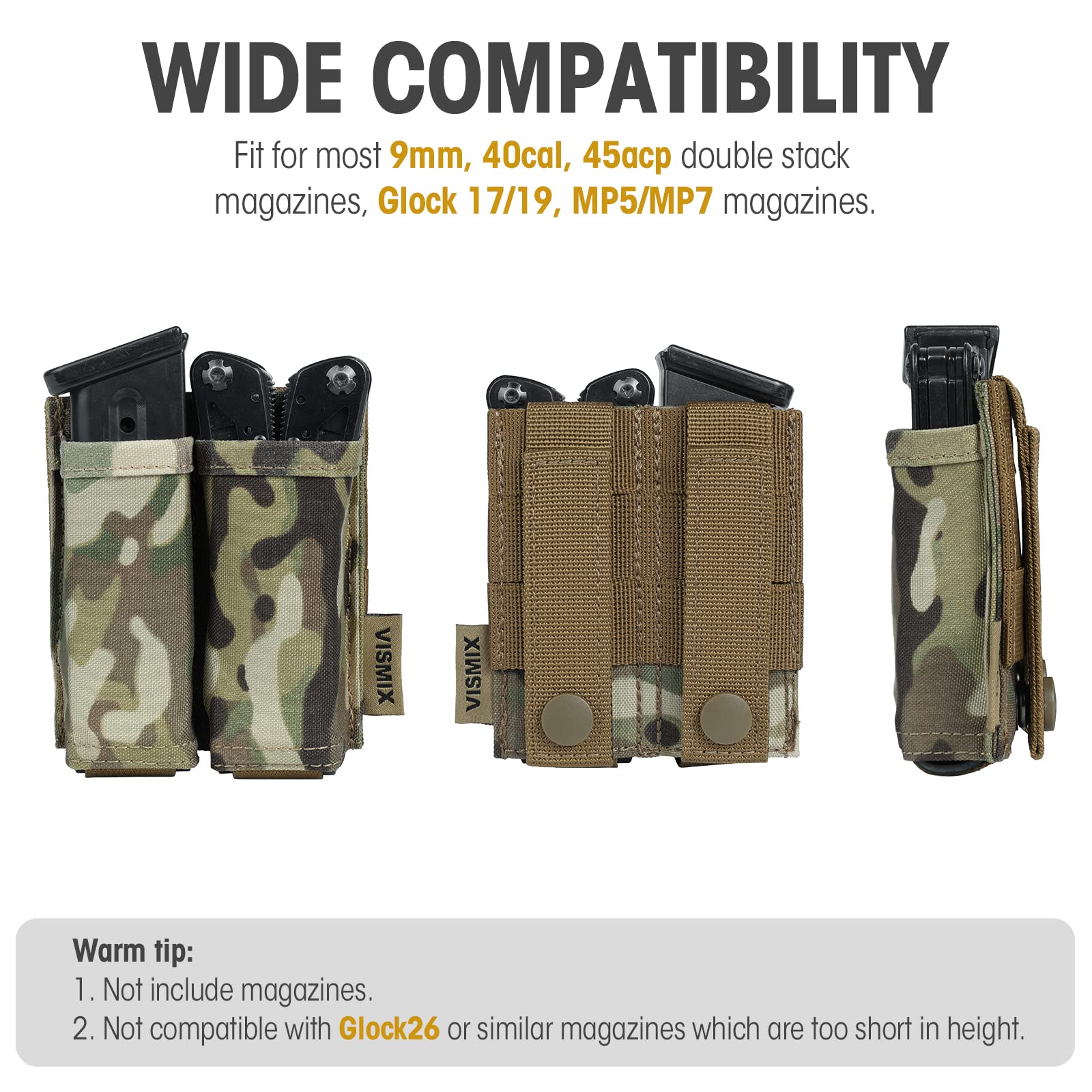 VISMIX Pistol Magazine Pouch, Double 9mm Mag Pouch with Quick Release Kydex Insert and MOLLE Compatible (Camo)