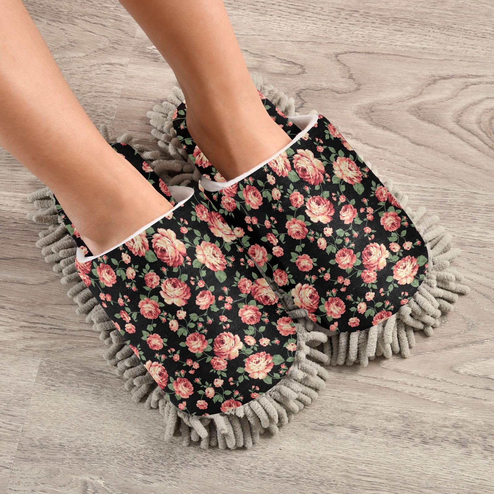 FLildon Microfiber Cleaning Slippers Blooming Roses Washable Mop Shoes Slipper for Men/Women House Floor Dust Cleaner, Size L