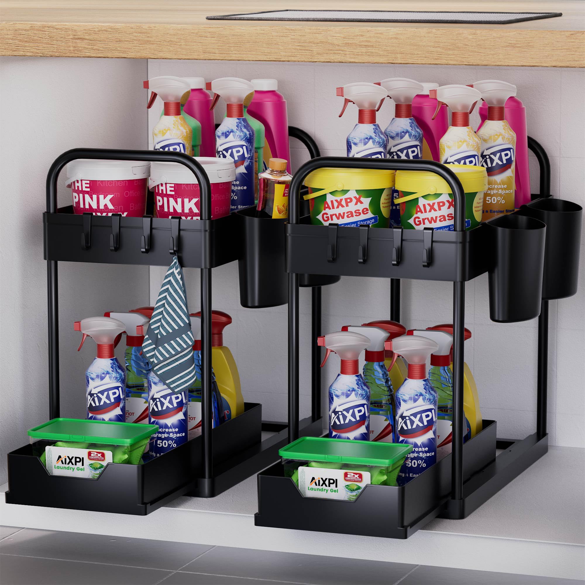 Under Sink Organizers and Storage, 2-Tier Sliding Under Cabinet Bathroom Storage with Hooks, Hanging Cup, Handles, Multi-Purpose Under Sink Organizer for Bathroom Kitchen, Black, 2Pack