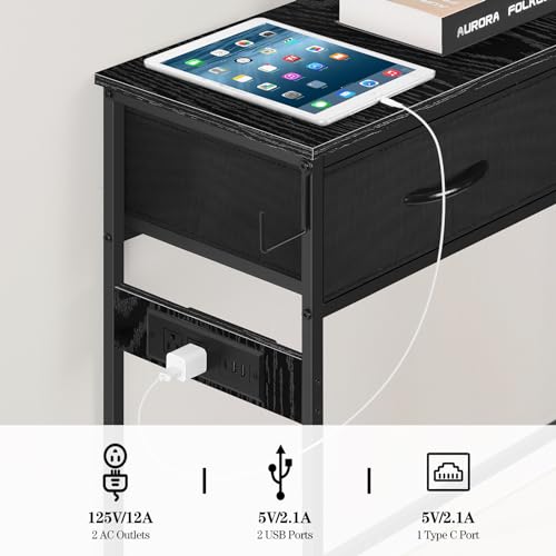 Narrow Console Table with Drawers Black Entryway Table with Storage Shelves Behind Sofa Table with Outlet for Living Room Bedroom Couch Hallway, Black