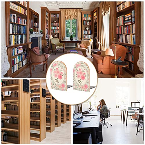 2 Pack Wood Bookends,Shabby Chic Roses Pattern Decorative Book Ends Support for Shelves Desktop Organizer Wooden Bookshelf for Home School Office