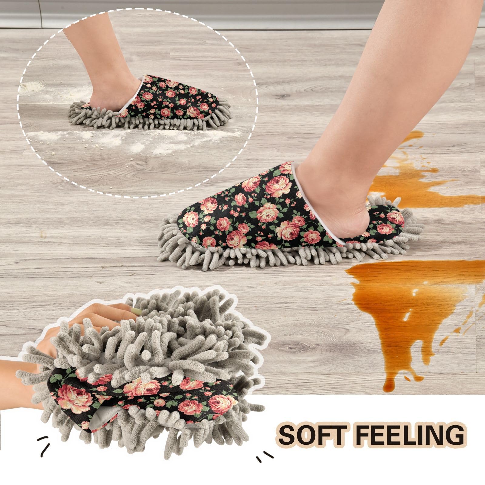 FLildon Microfiber Cleaning Slippers Blooming Roses Washable Mop Shoes Slipper for Men/Women House Floor Dust Cleaner, Size L