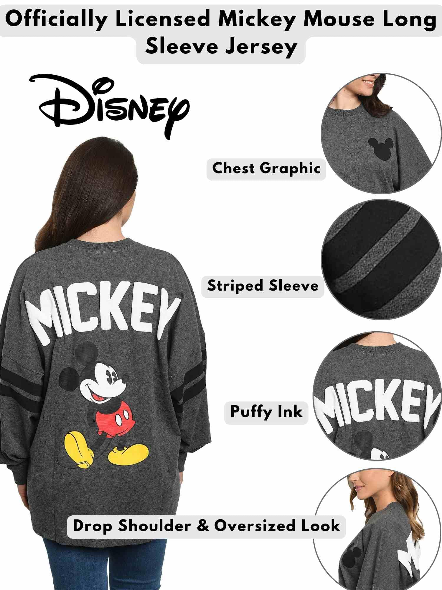 Disney Womens Long Sleeve Jersey Oversized Mickey Mouse (Charcoal, Large)