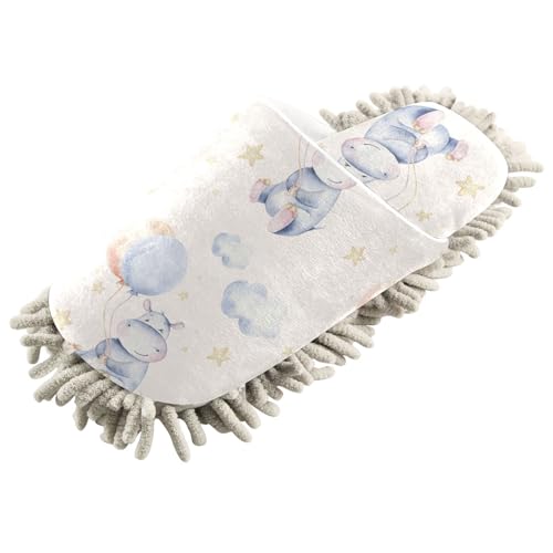FLildon Microfiber Cleaning Slippers Cloudy Hippo Washable Mop Shoes Slipper for Men/Women House Floor Dust Cleaner, Size L