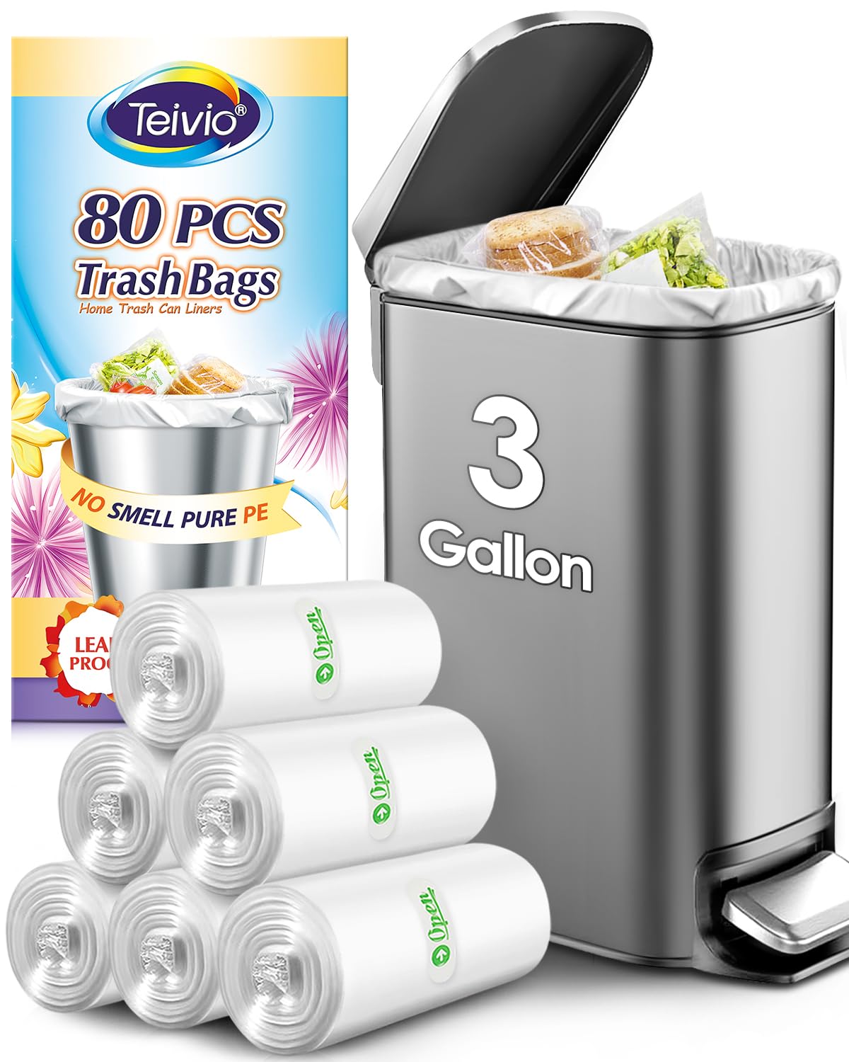 3 Gallon 80 Counts Strong Trash Bags Garbage Bags by Teivio, Bathroom Trash Can Bin Liners, Plastic Bags for home office kitchen, Clear