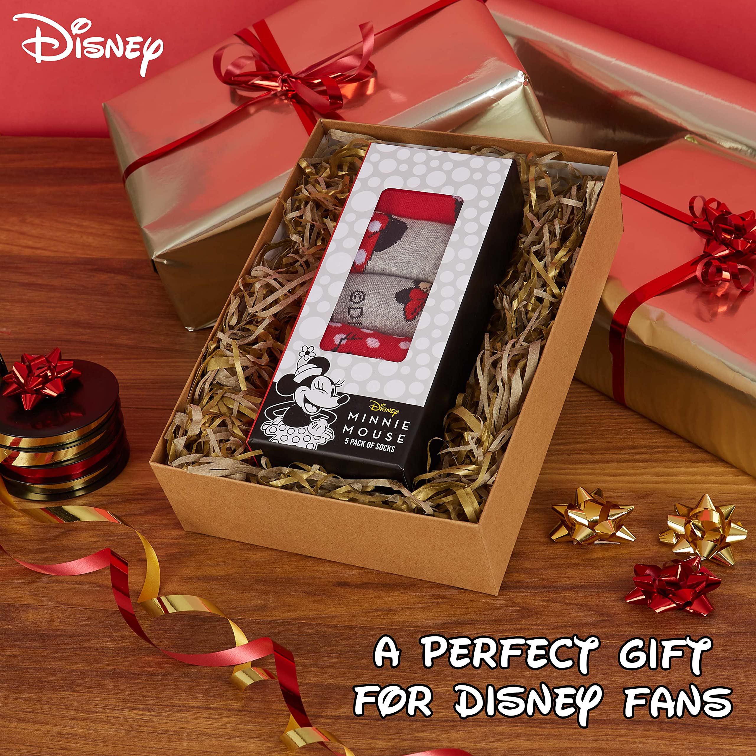 Disney Womens Novelty Socks, Pack of 5 Soft Calf Socks - Gifts for her (4/9 US, Red Minnie Mouse)